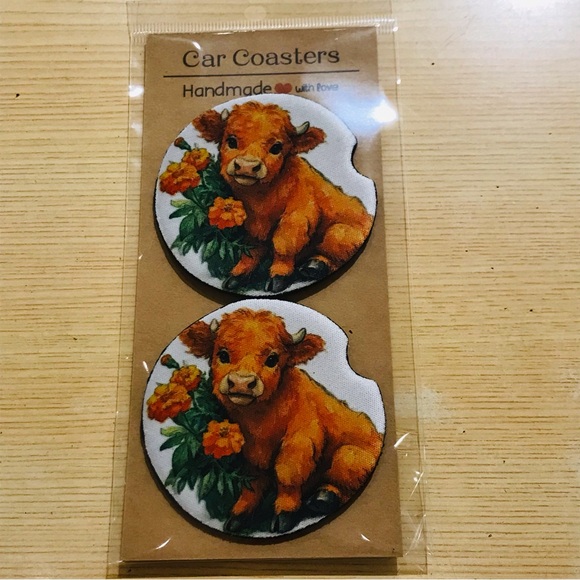 Handmade | Accents | Charming Highland Cow Car Coasters Set With Floral ...